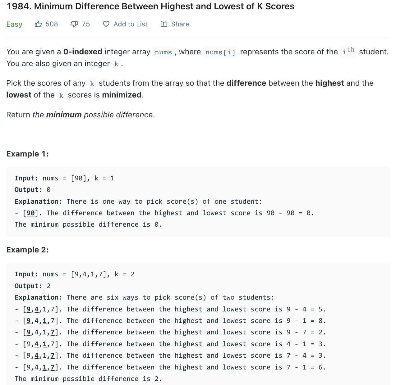Leetcode 1984 Minimum Difference Between Highest And Lowest Of K Leetcode 1984 Minimum Difference Between Highest And Lowest Of K