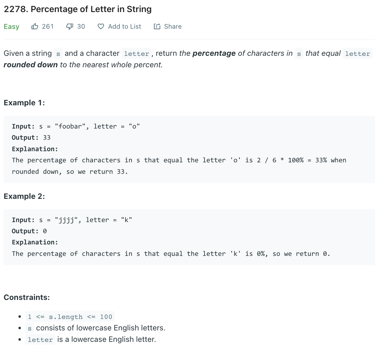 Leetcode 2278 Percentage Of Letter In String SnailTyan