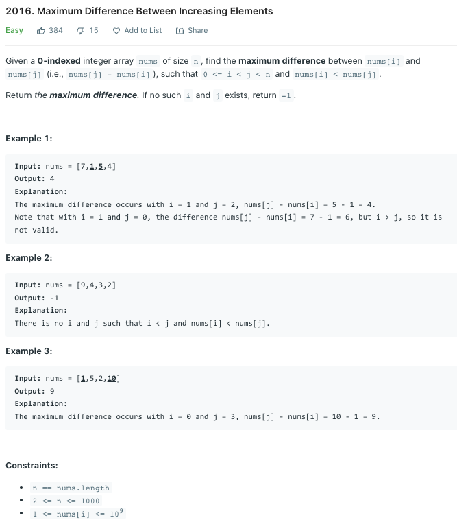 Leetcode 2016 Maximum Difference Between Increasing Elements SnailTyan